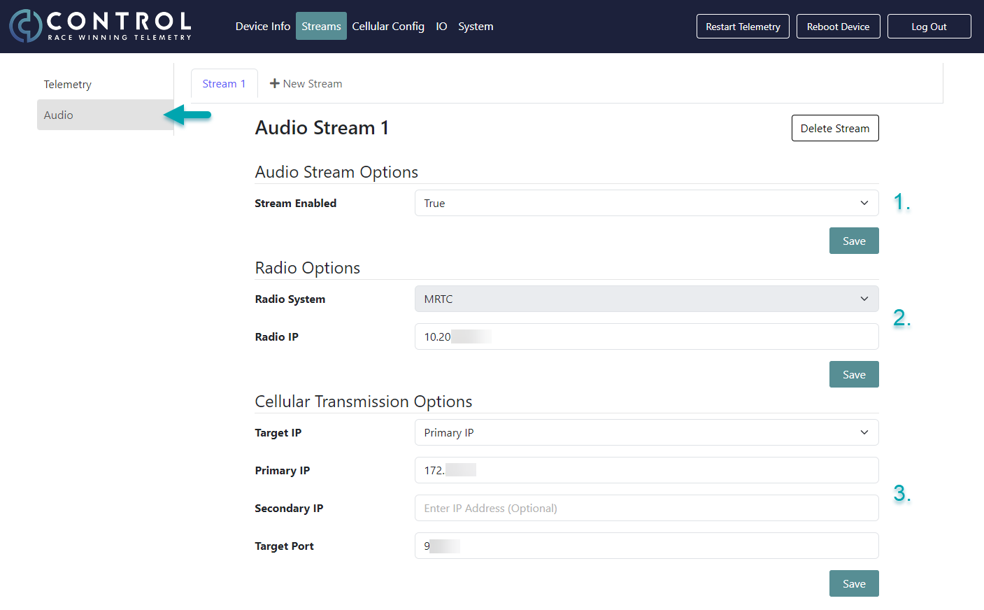 Page: Streams - Configuring Telemetry and Audio Stream