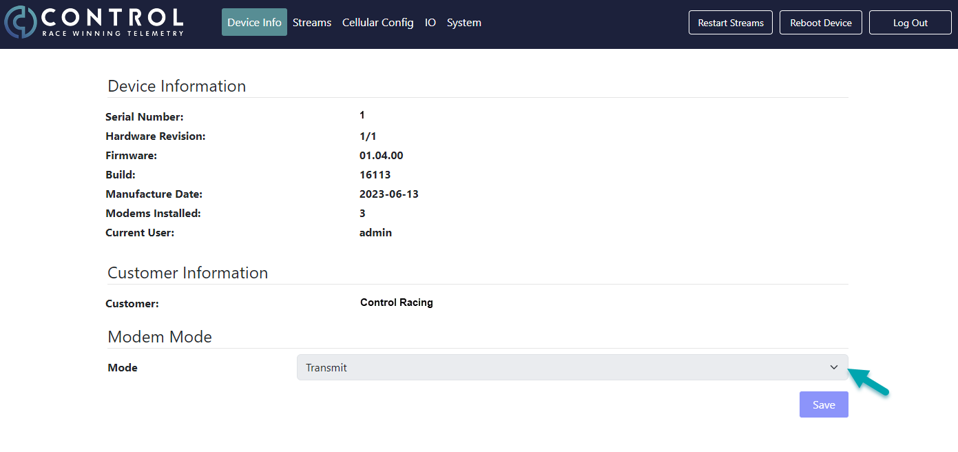 Page: Device Info - Configuring Modem Mode